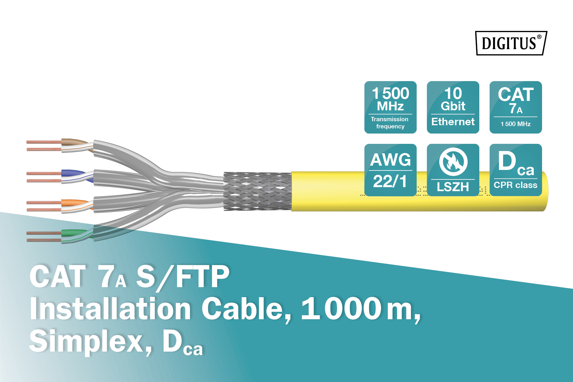 Datu kabelis Cat.7A S/FTP | AWG 22 | LSOH | Dzelt. | 1000m | Dca ...