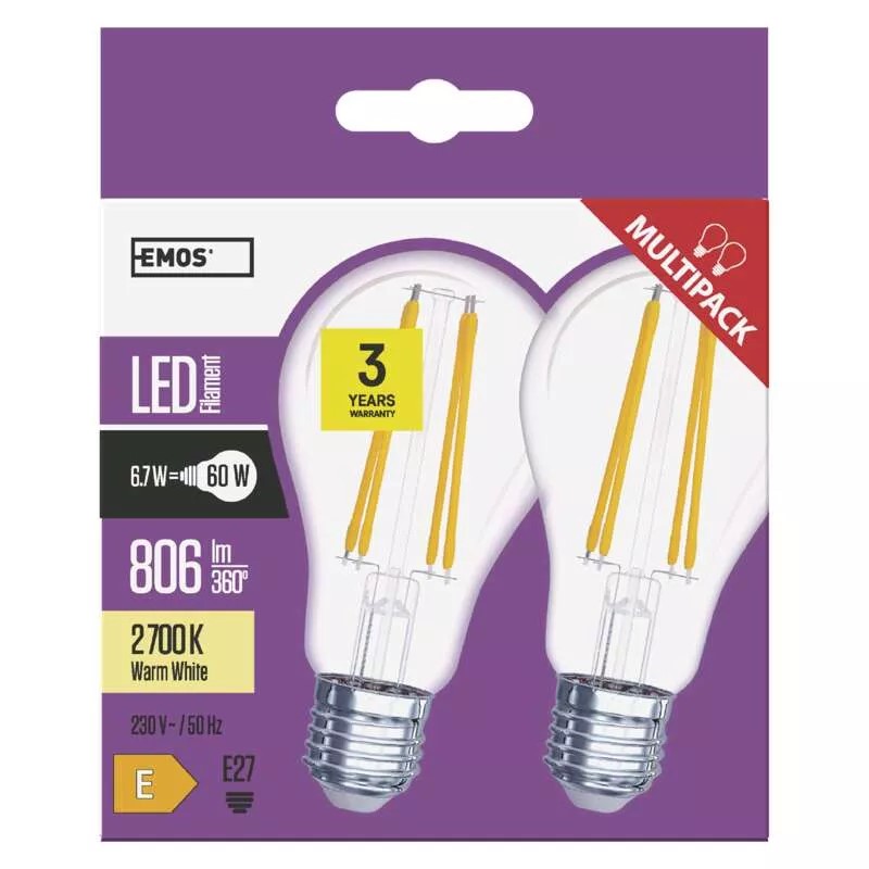 LED spuldze A60 6.7W 806lm 2700K FLM caurspīdīga E27 2paka - BPG